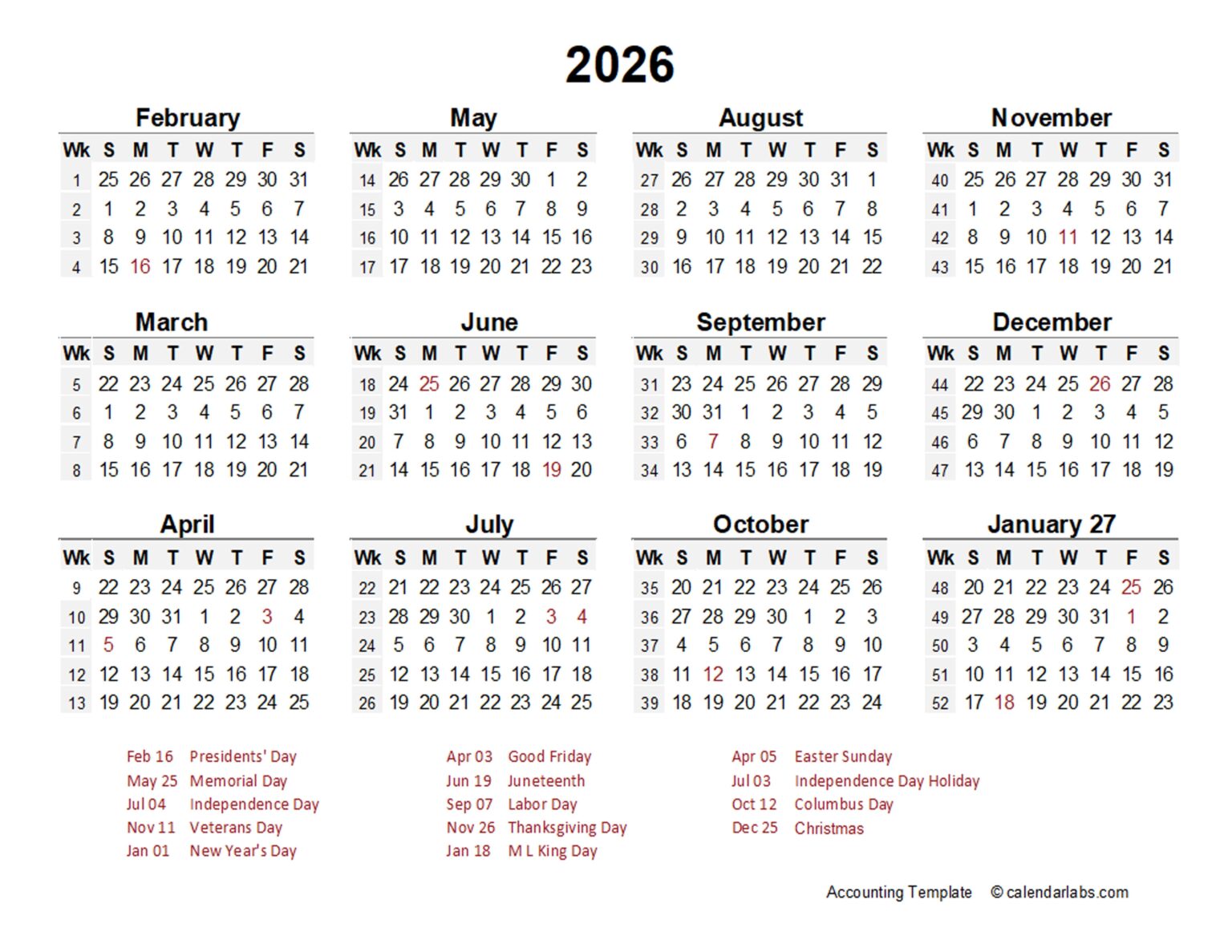 4-5-4 Calendar 2026 - Free Printable Calendar