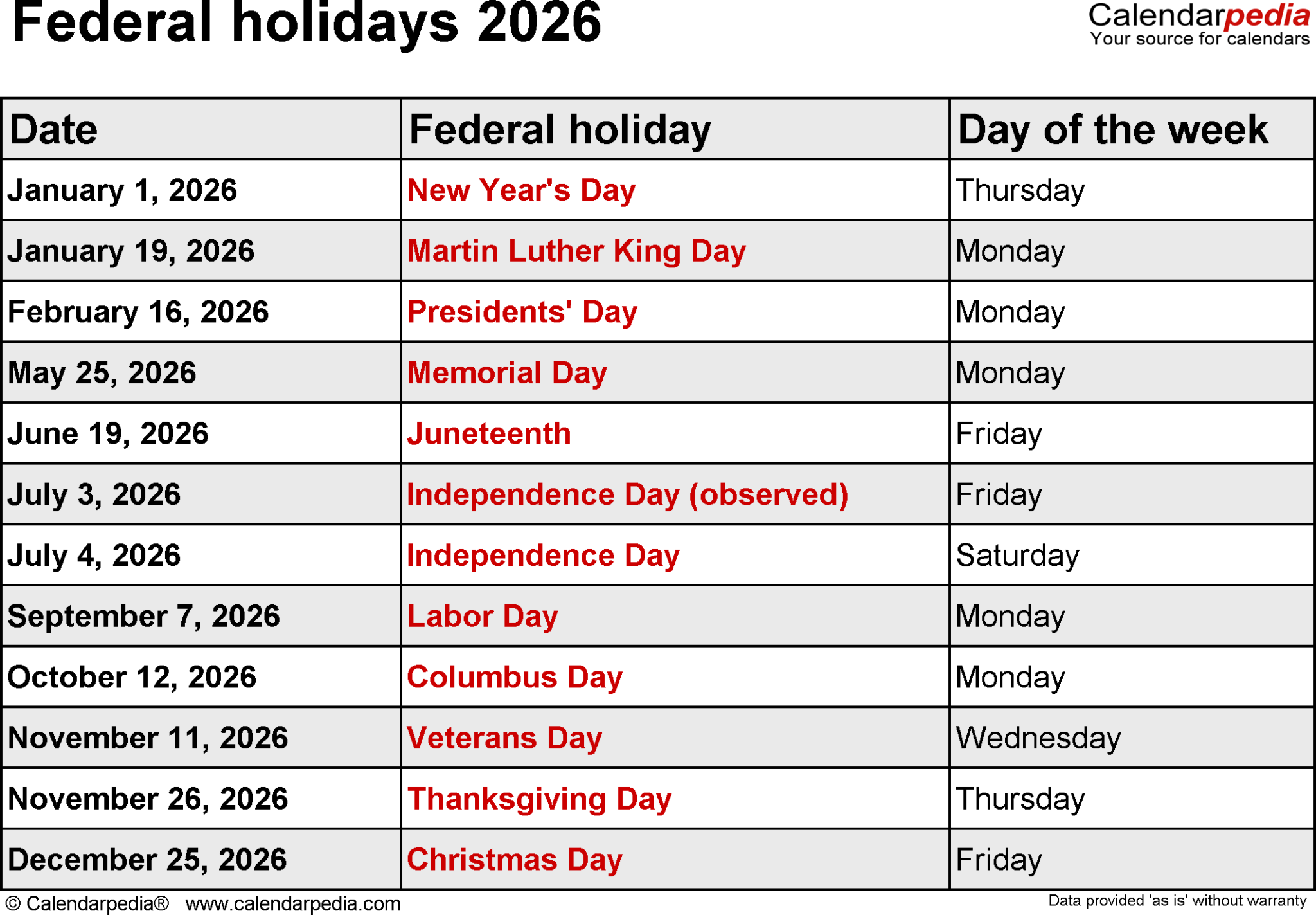 Ford 2026 Holiday Calendar - Free Printable Calendar