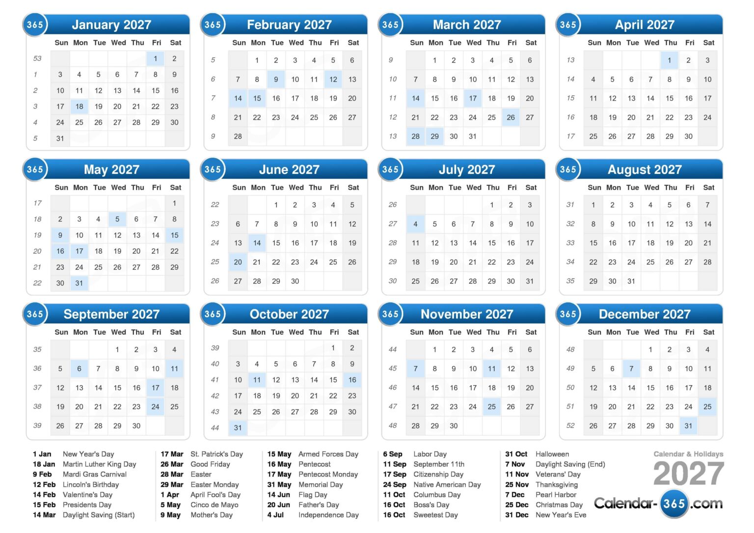 Free Printable 2027 Monthly Calendar With Holidays - Free Printable ...