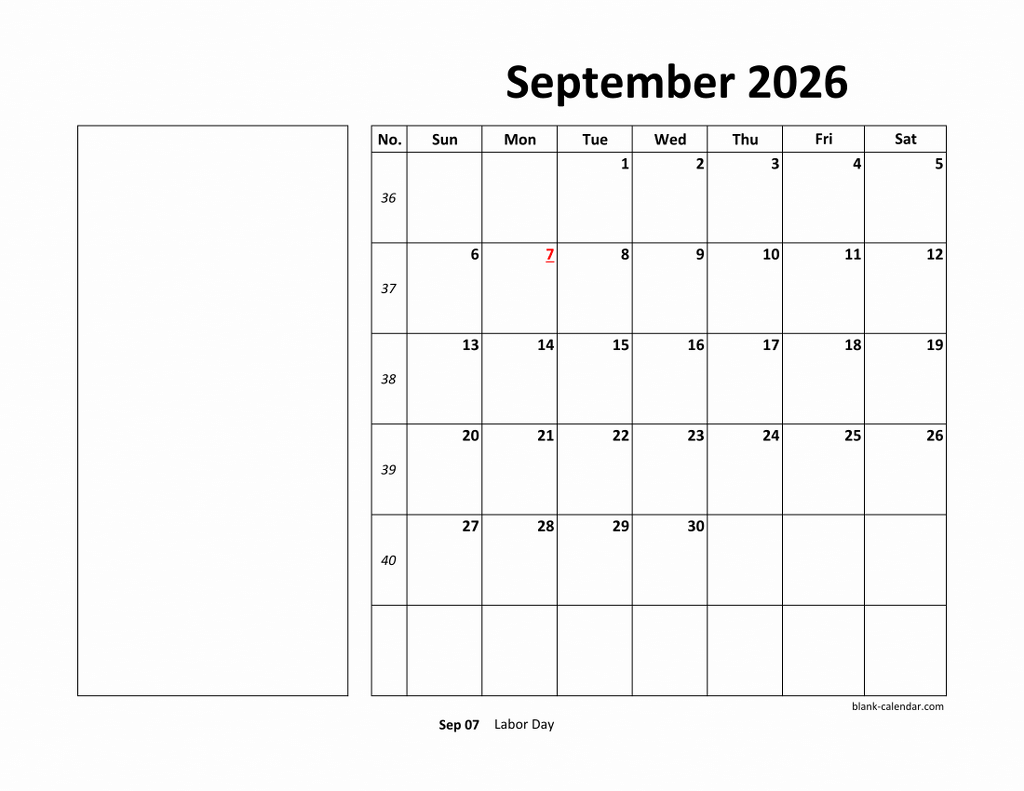 Calendar September 2026 Large Boxes - Free Printable Calendar