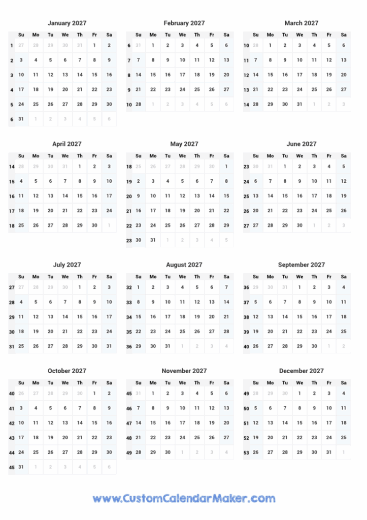2027 Calendar Printable With Week Numbers: Plan Your Year Ahead - Free ...