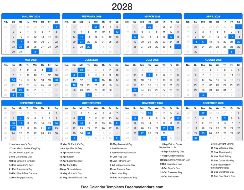 2028 Calendar With Holidays Printable: Plan Your Year Ahead - Free ...