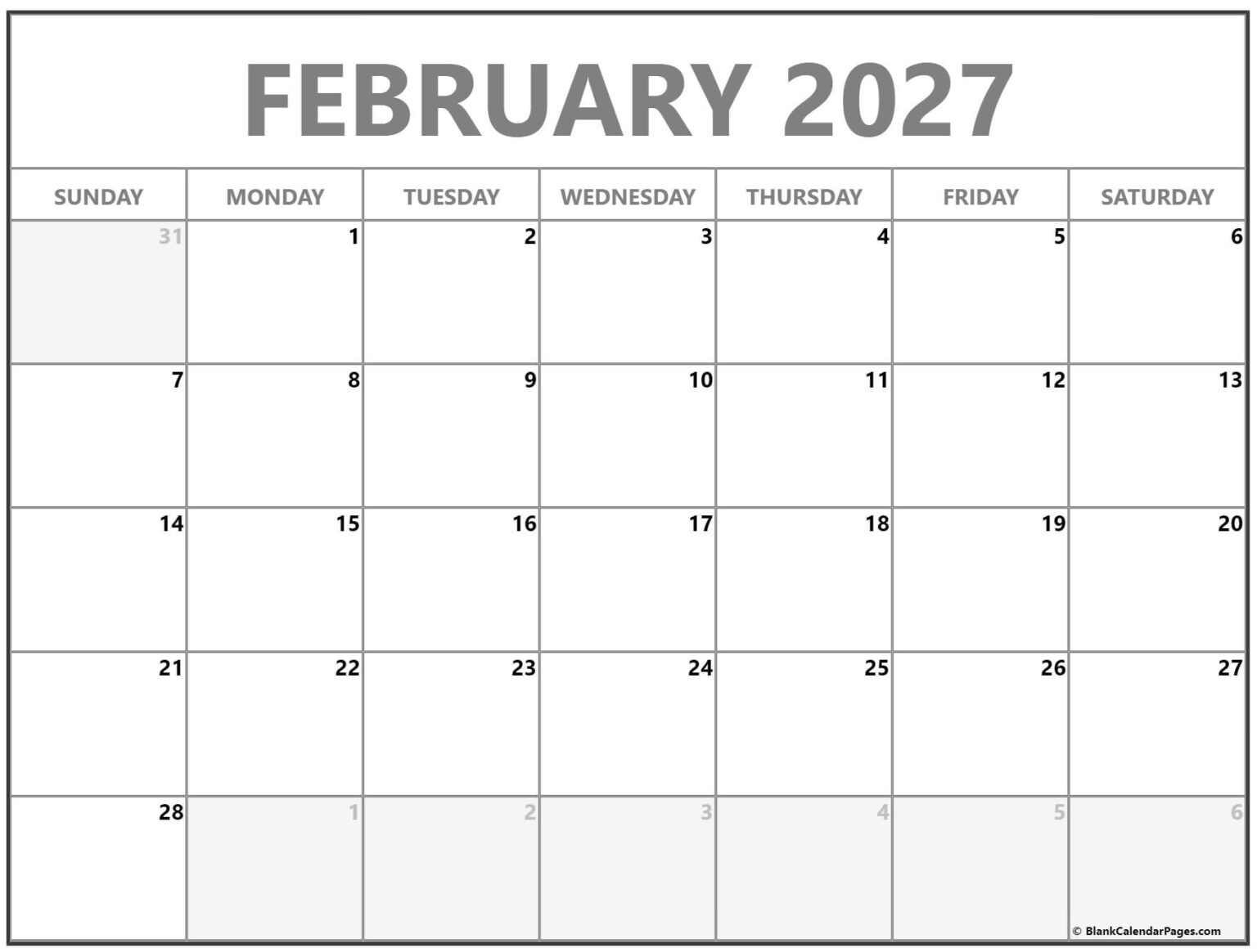 Blank February 2027 Calendar Printable Free - Free Printable Calendar