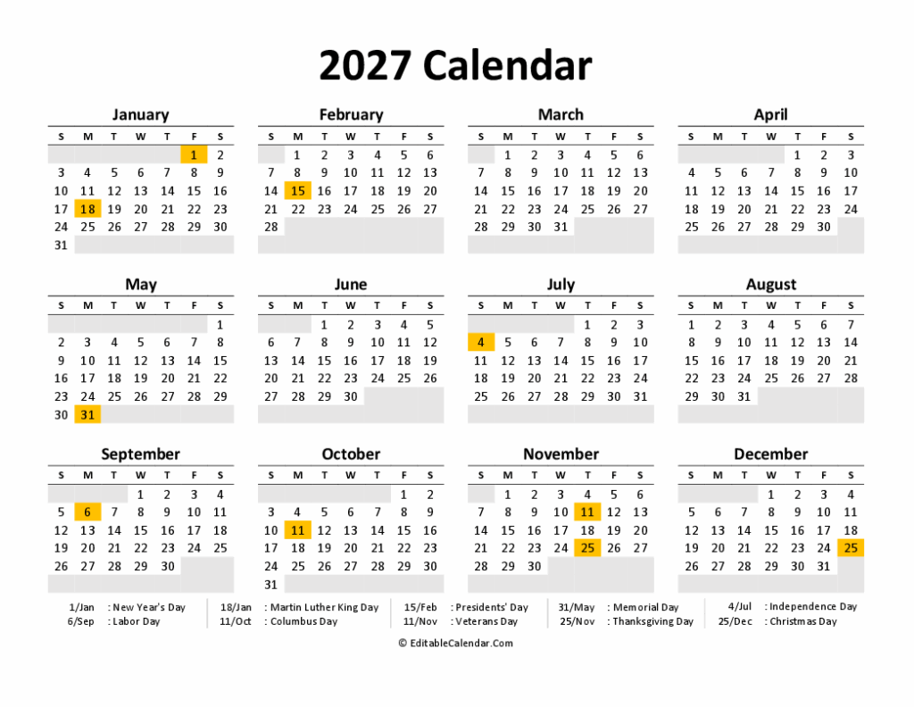 Federal Pay Period Calendar For 2027 With Holidays Printable - Free ...