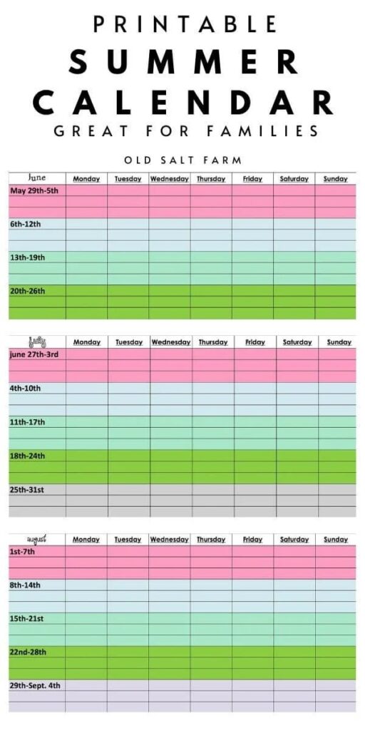 Printable Summer Calendar: Plan Your Summer Activities Efficiently ...